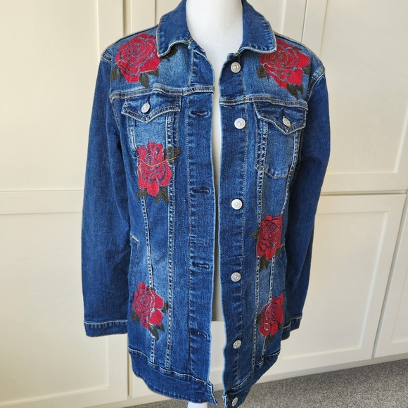 LuLaRoe | Jackets & Coats | Red Roses Denim Jean Jacket Embroidered Lularoe Jaxon Womens Floral ...